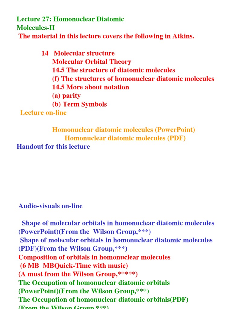 Chem 373 - Lecture 27: Homonuclear Diatomic Molecules-II | PDF ...