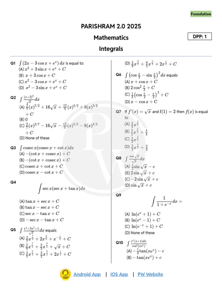 Integrals - DPP 01 - Parishram 2.0 2025 | PDF