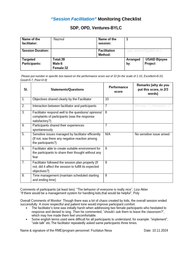 Session Facilitation Monitoring Checklist | PDF | Psychology ...