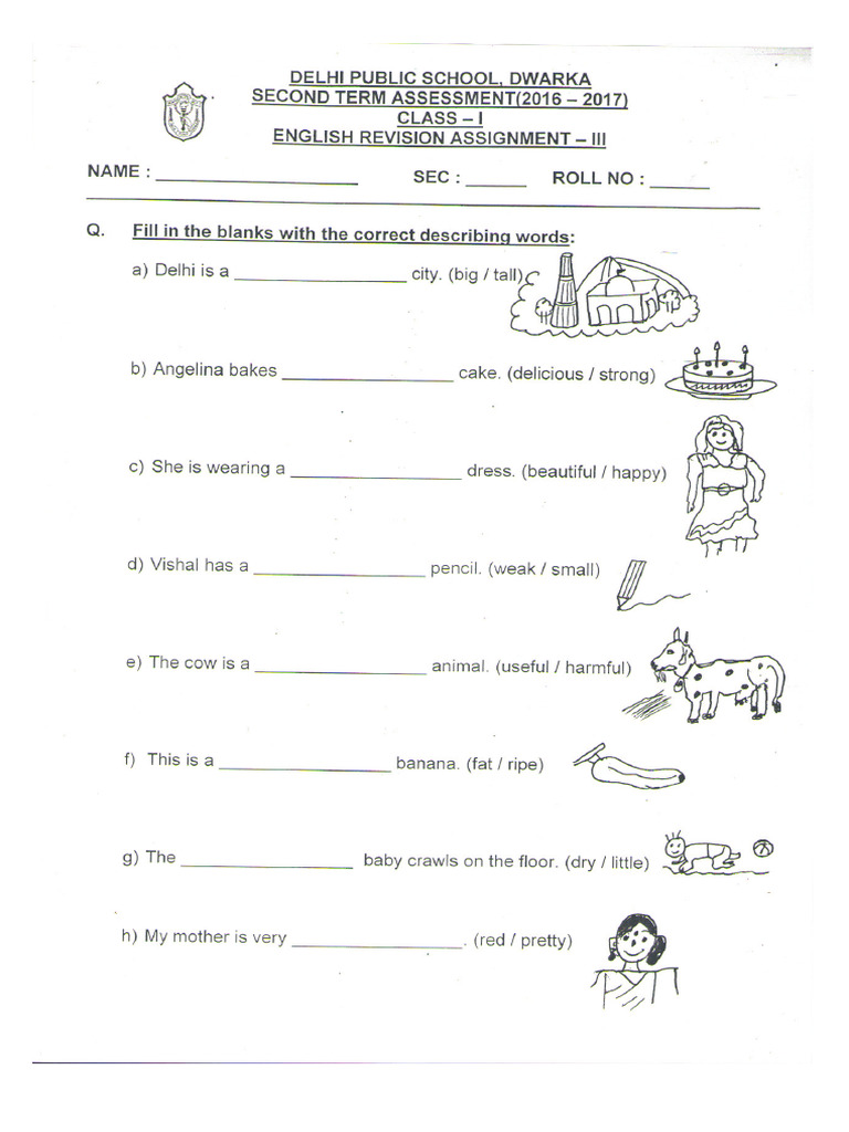 Sheet2 - English - Class 1 | PDF