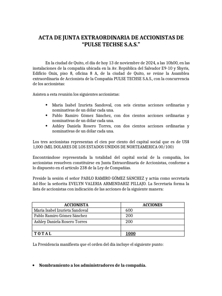 Acta Junta Extraordinaria Pulse Tech S.A.S | PDF | Gobierno