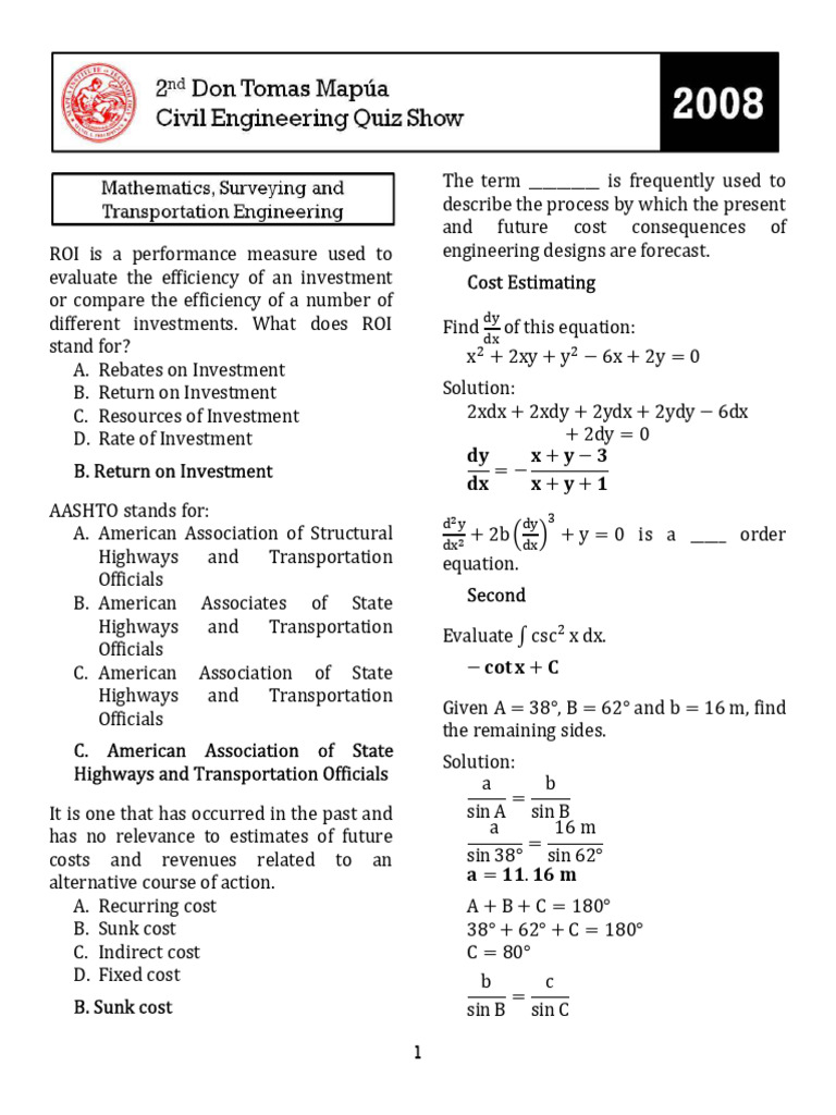 2ND Don Tomas Mapua Civil Engineering Quiz Show | PDF | Bending ...