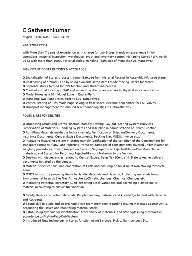 Resume Csa the Esh Kumar | PDF | Inventory | Logistics