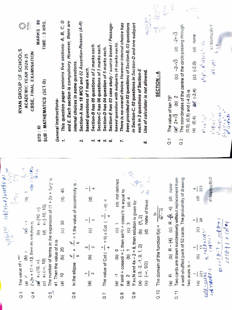 Class 11 Maths Final Exam Paper 2024-25 | PDF | Mathematics | Student ...