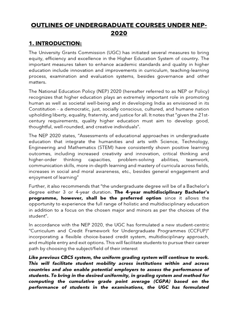NEP 2020 Guidelines for UG Courses | PDF | Course Credit | Academic Degree