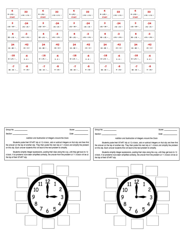 Around the Clock addition &subtraction of integers | PDF