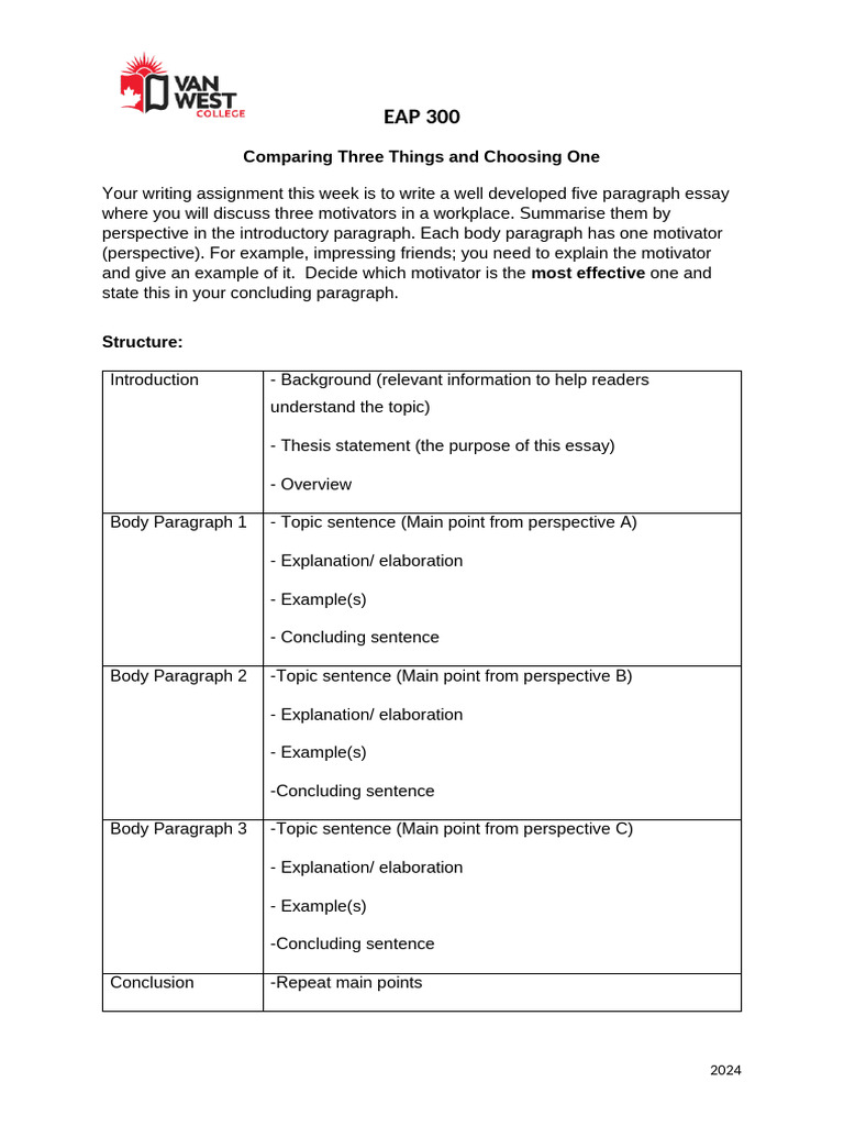 EAP300 Week Six - Perspectives Essay Outline | PDF | Incentive | Motivation