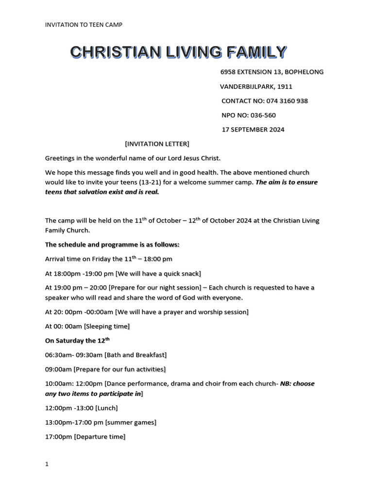 Camp Invitation Letter | PDF