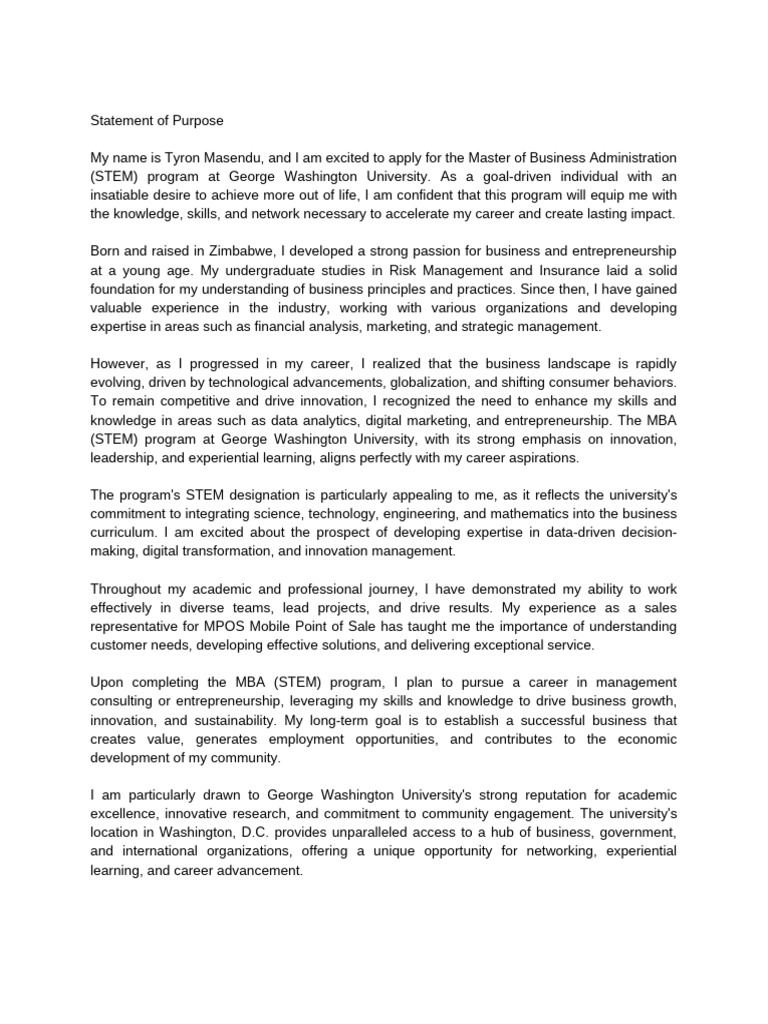 Geroge Washington MBA Statement of Purpose | PDF | Science, Technology ...