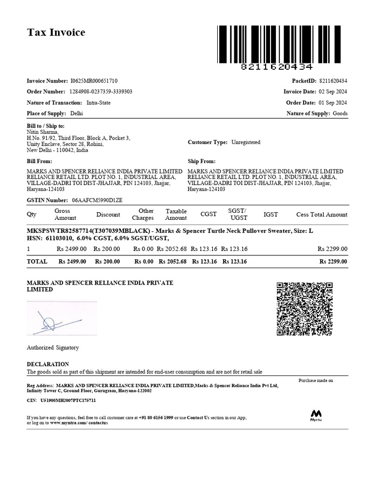 Invoice Myntra 1 | PDF | Payments | Government Finances