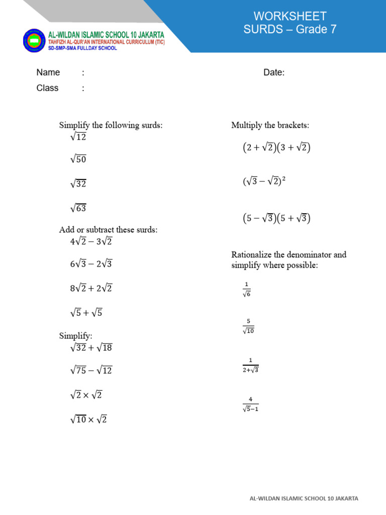 Grade 7 Surds Worksheet PDF | PDF