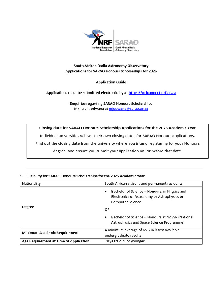 SARAO Honours Scholarships Application Guide For The 2025 Academic Year ...