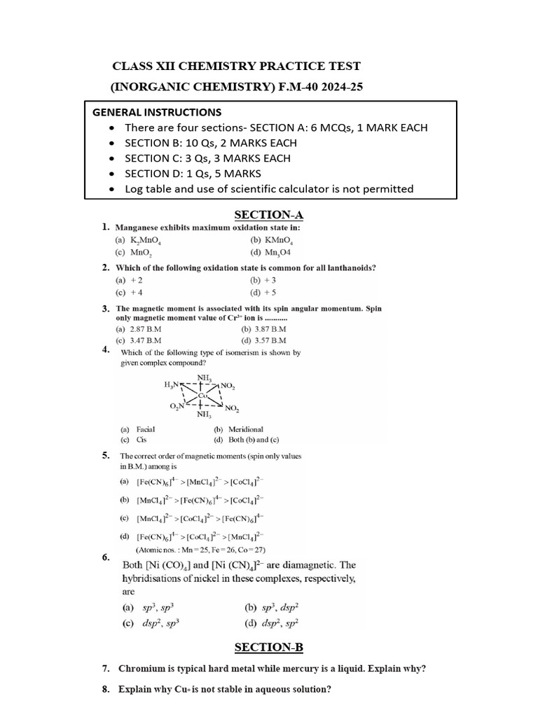 Class XII Inorganic Chemistry Test | PDF