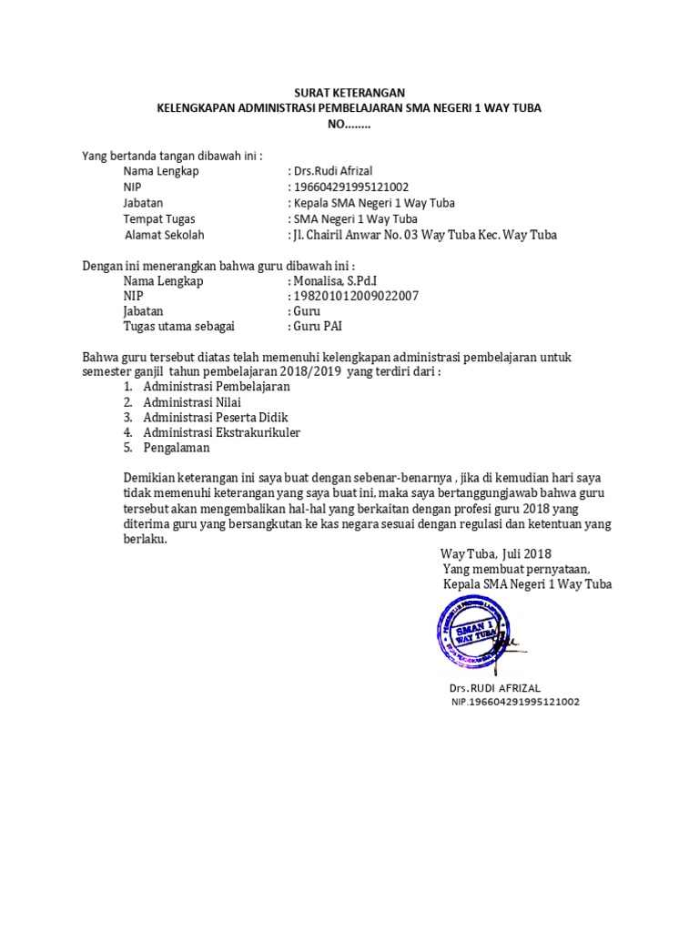 Surat Keterangan Kepsek | PDF