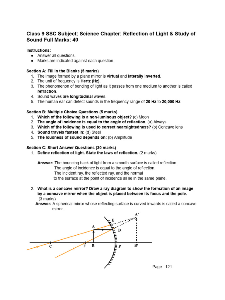 Class 9 SSC Chapter Reflection of Light and Study ... - 1 | PDF | Sound | Reflection (Physics)
