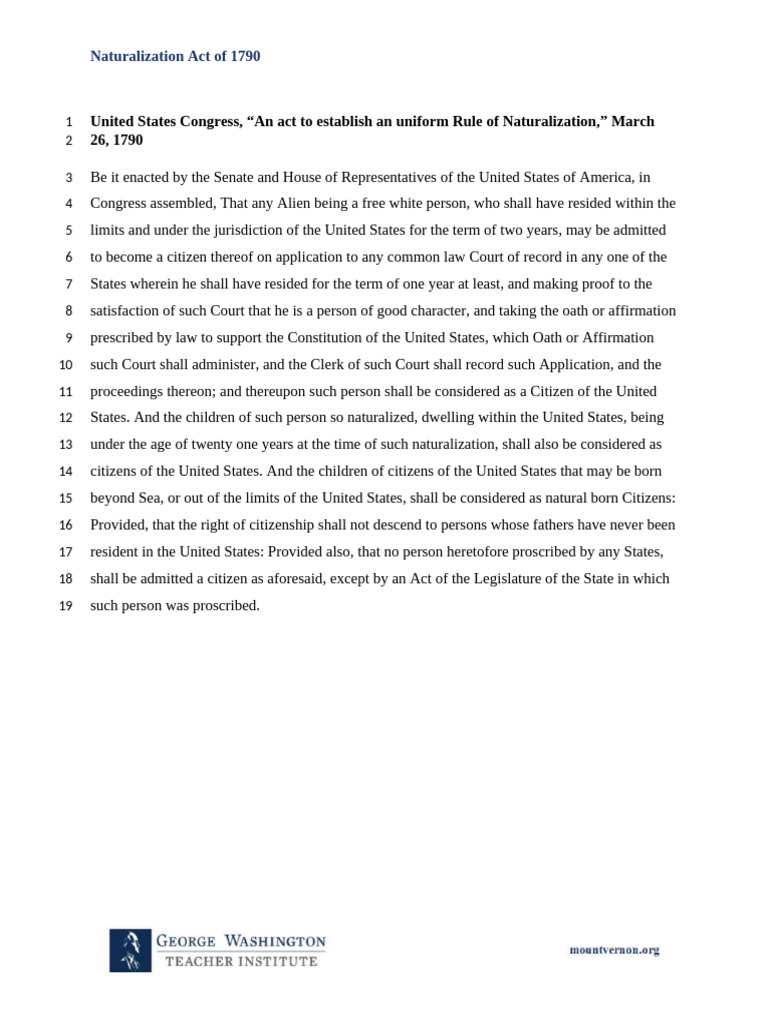 Naturalization Act of 1790 Overview | PDF
