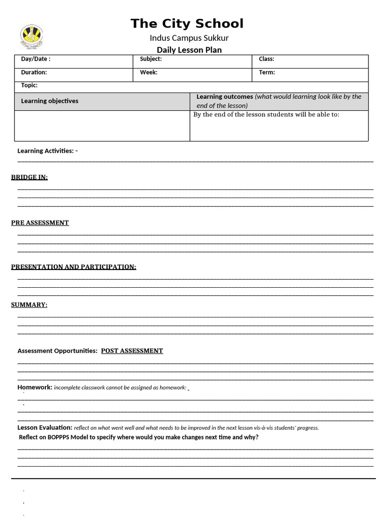 Lesson Plan BOPPPS Format 2024-25 | PDF | Lesson Plan | Behavior ...