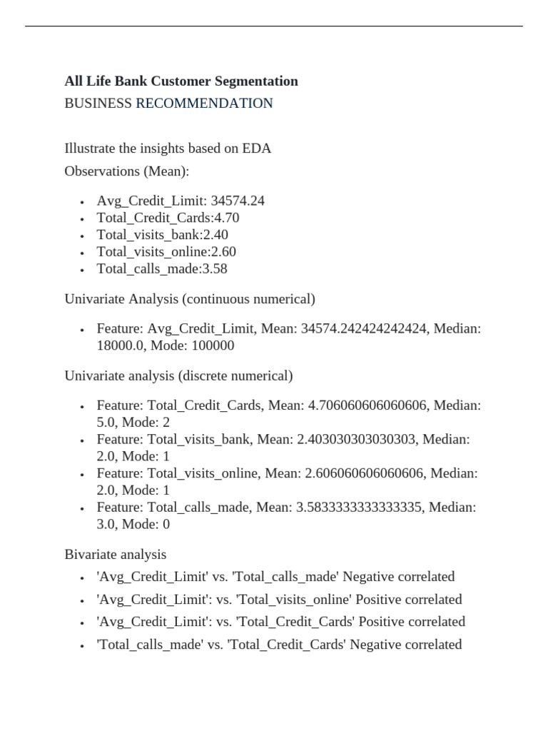 All_Life_Bank_Customer_Segmentation.docx | PDF | Median | Cluster Analysis