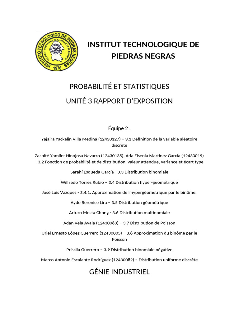 Probabilités et Statistiques Discrètes | PDF | Loi de probabilité ...