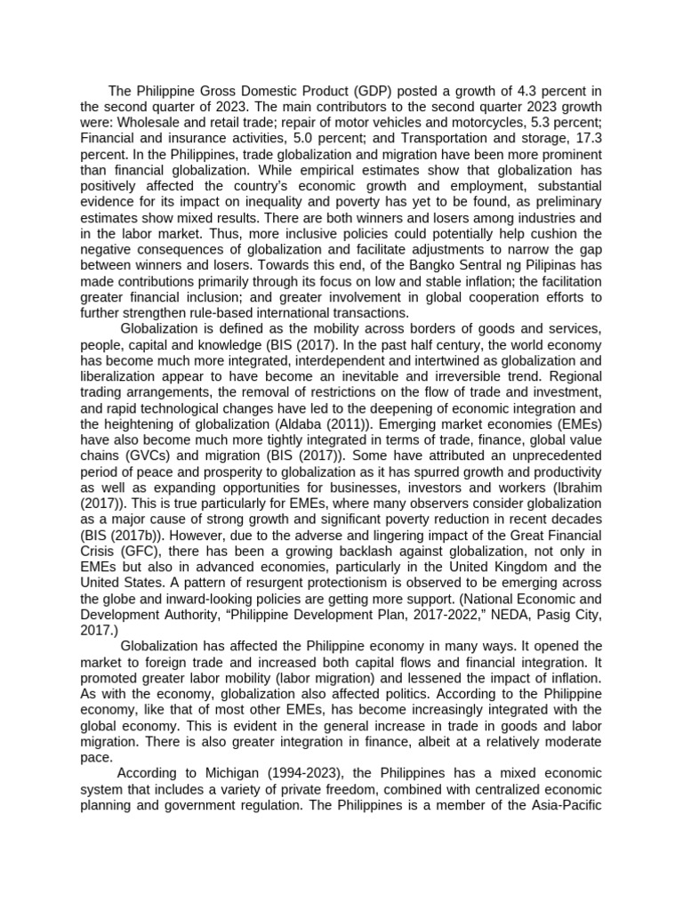 Philippine Economy & Globalization Impact | PDF | Globalization | Economic Growth