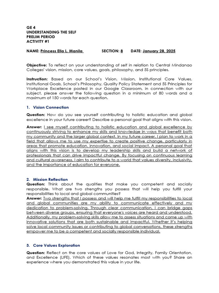 Princess Ella Llabore Manila - Ge 4 Prelim Activity 1 | PDF | Goal | Leadership