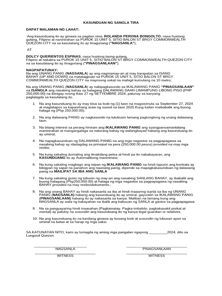 Kasunduan NG Sangla Tira | PDF