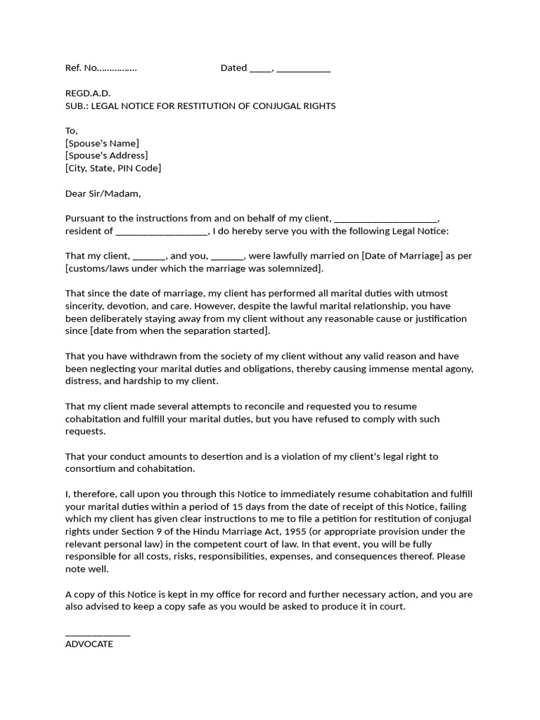 Legal Notice To Wife For Restitution of Conjugal Rights LawRato | PDF