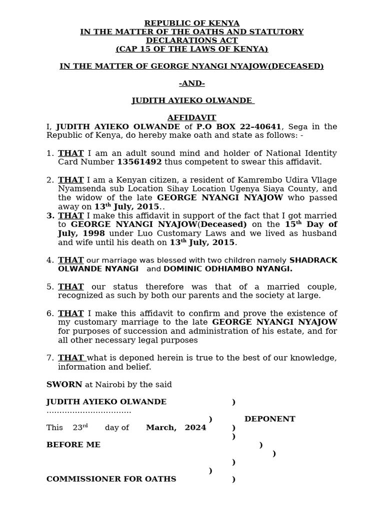 Affidavit Customary Marriage | PDF