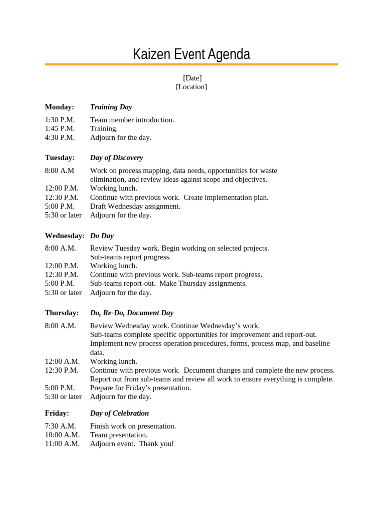 Kaizen Event Agenda Overview | PDF