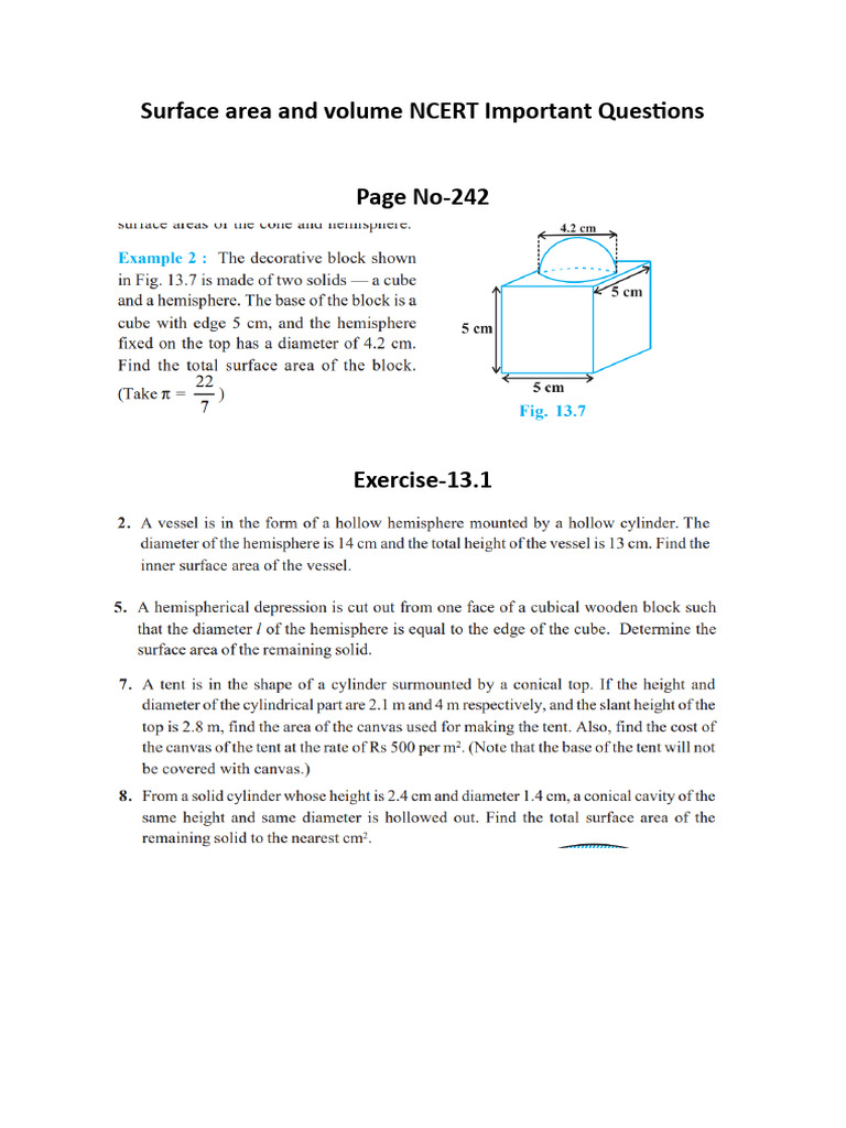13.surface Area and Volume NCERT Important Questions | PDF