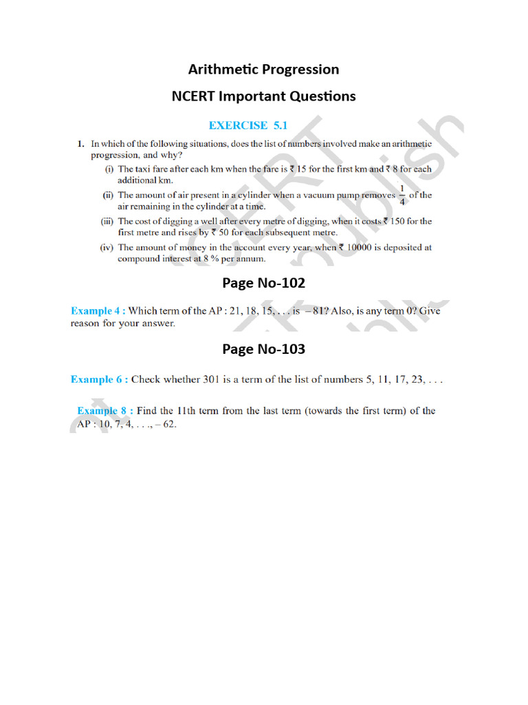 5.arithmetic Progression NCERT Important Questions | PDF