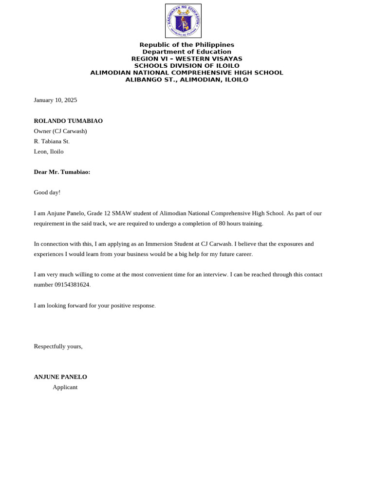 Immersion Application Letter | PDF