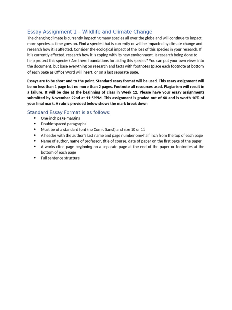 Essay Assignment - Wildlife and Climate Change | PDF