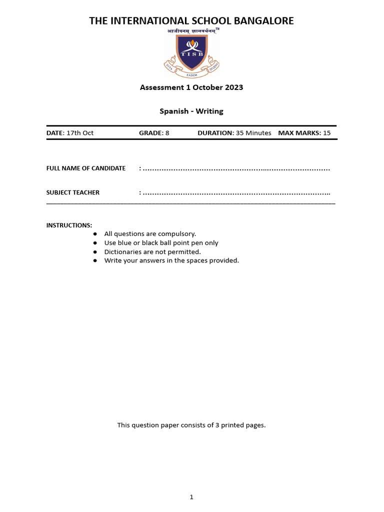 Grade 8 Spanish Assessment 1 - Writing Answered | PDF