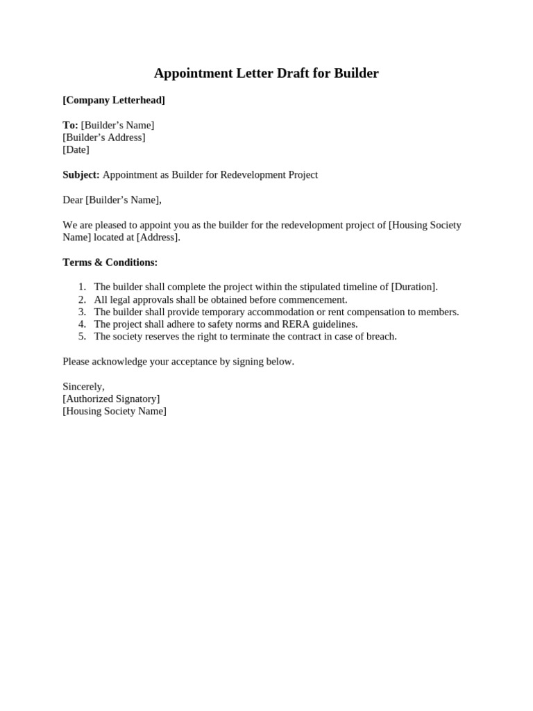 Appointment Letter Draft For Builder | PDF