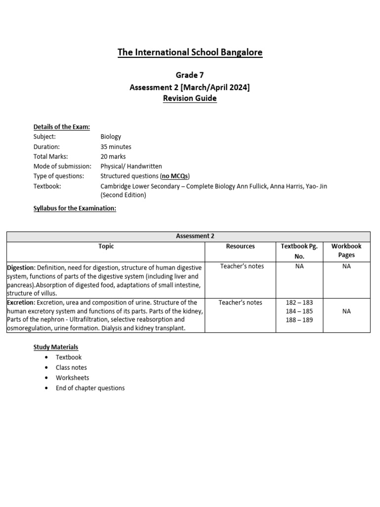 Grade 7 Assessment 2 - Revision Guide | PDF | Kidney | Organ (Anatomy)