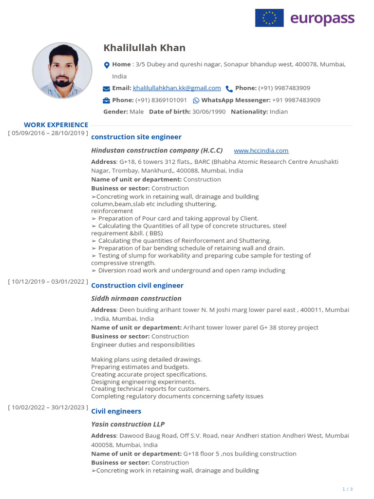 Khalil engineering cv chennai mode3 (1) | PDF | Concrete