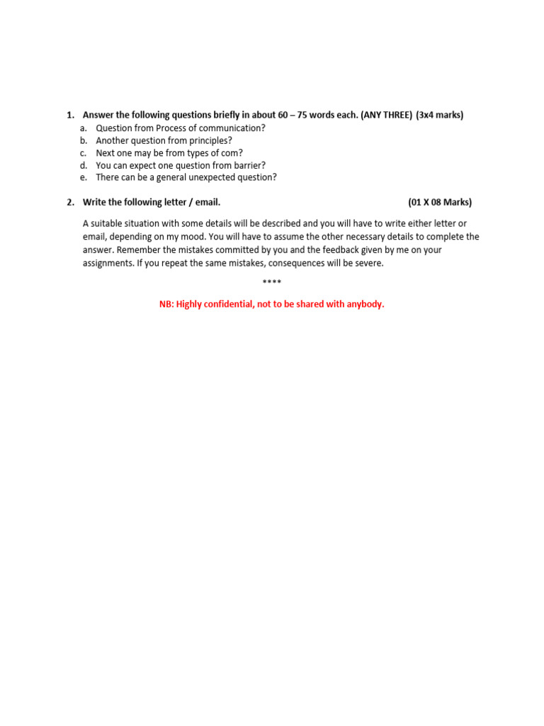 English Question Paper Test 1 | PDF