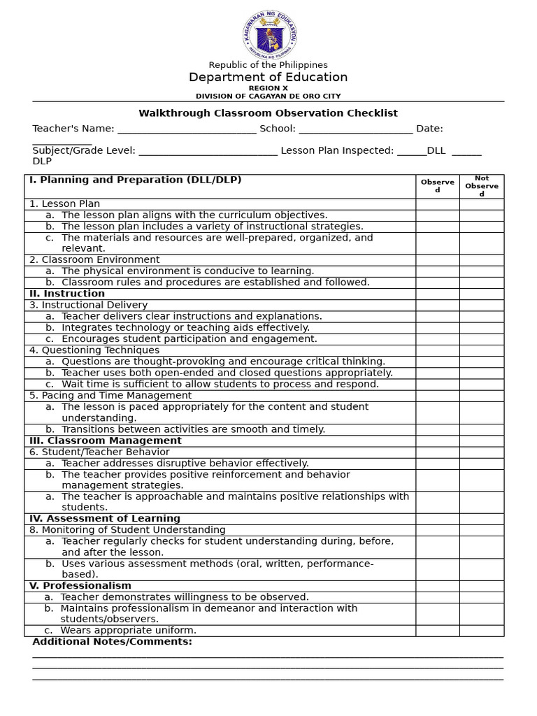 Final Walkthrough Classroom Observation Checklist 2 | PDF | Teachers ...