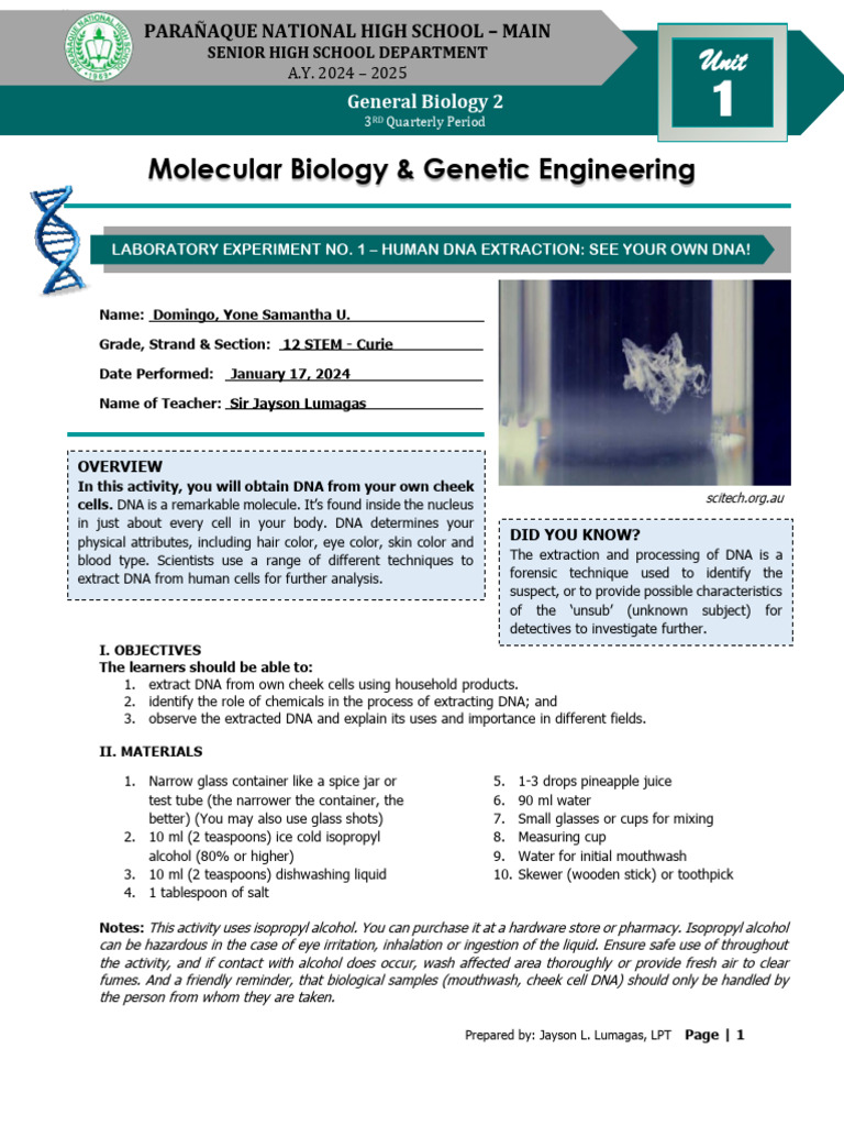 BIO2 - Curie - Domingo - Yone - Human DNA Extraction - Lab Report | PDF ...