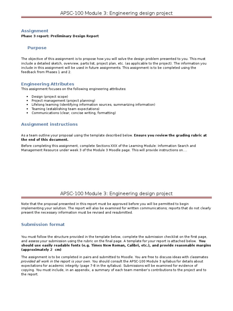 APSC-100 Module 3: Engineering Design Project: Assignment | PDF
