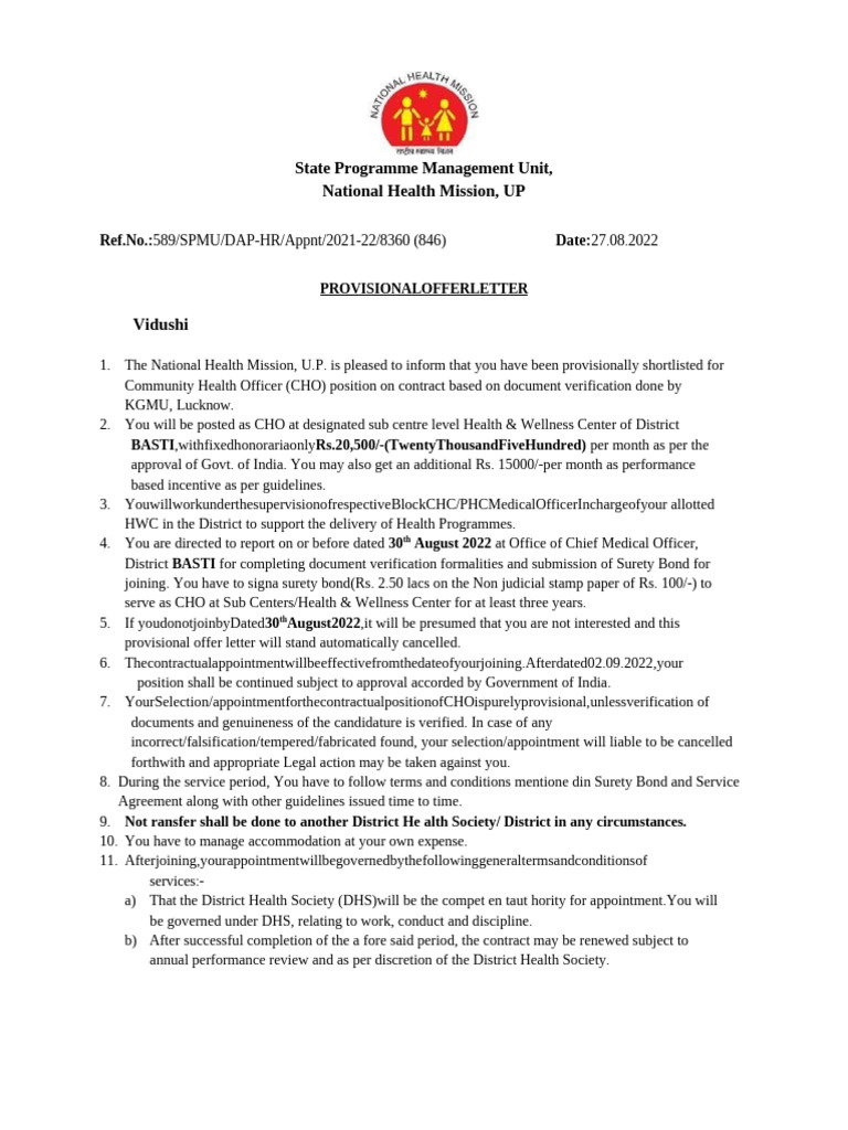 Provisional Offer Letter for CHO Position | PDF