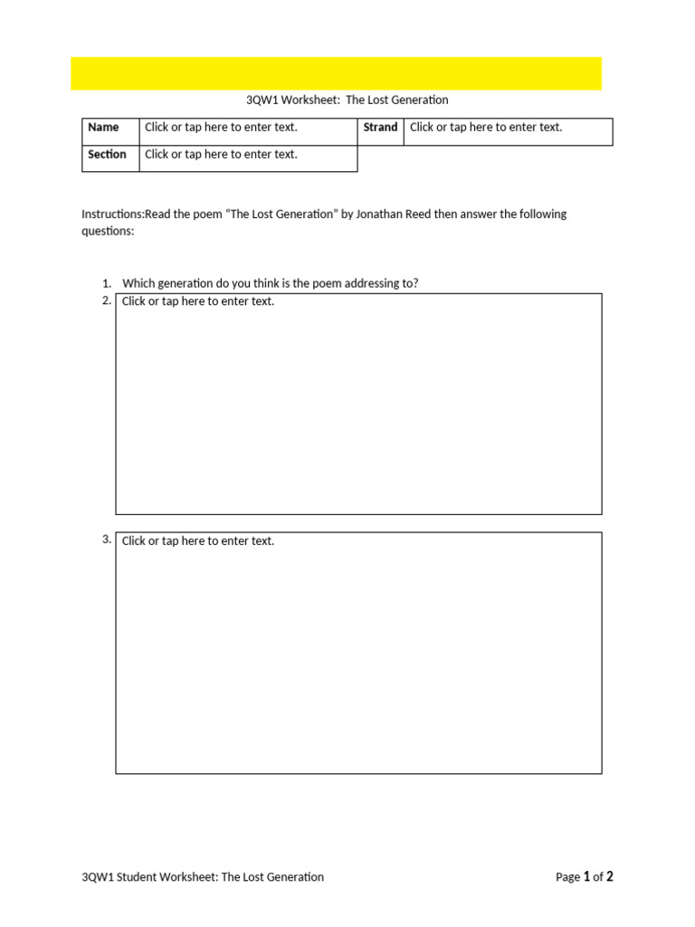 G113QW1 Worksheet - The Lost Generation | PDF