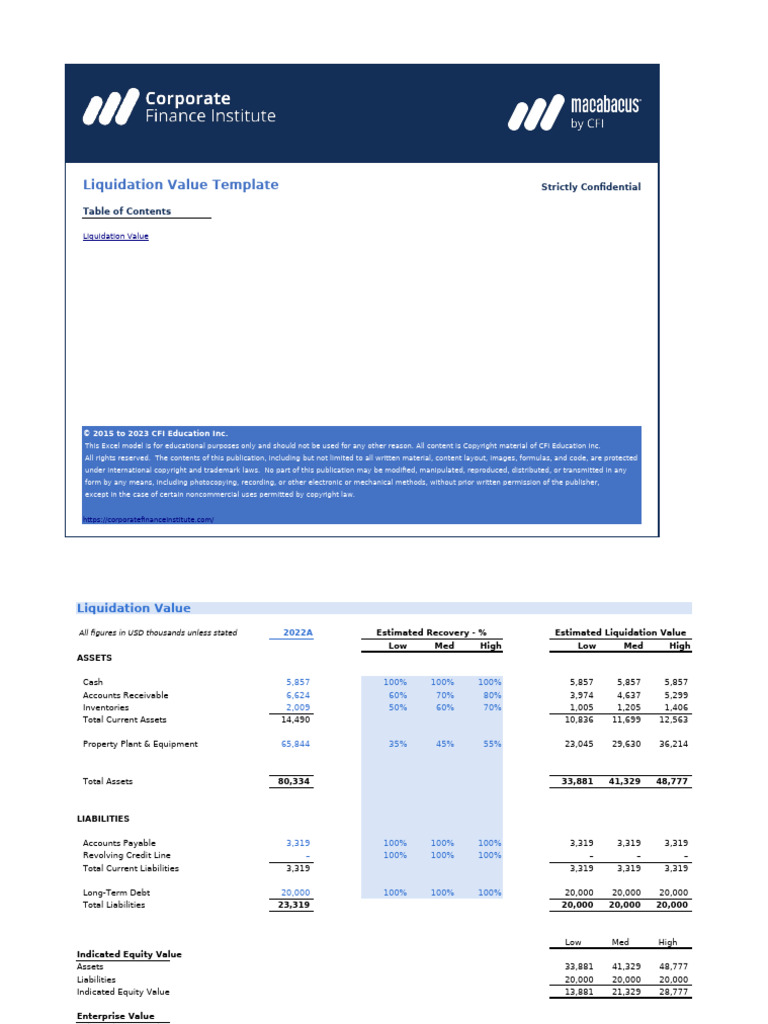 Liquidation Value Template | PDF | Equity (Finance) | Business Economics