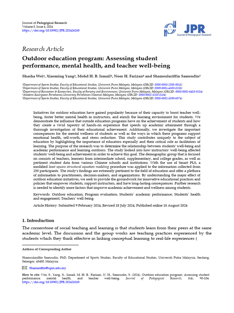 Outdoor Education Program Assessing Student Performance Mental Health ...