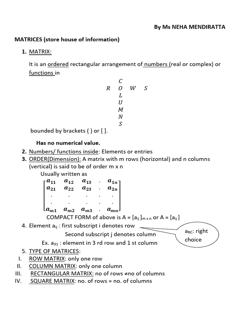 Matrices Summary 2024-25 | PDF | Matrix (Mathematics) | Determinant