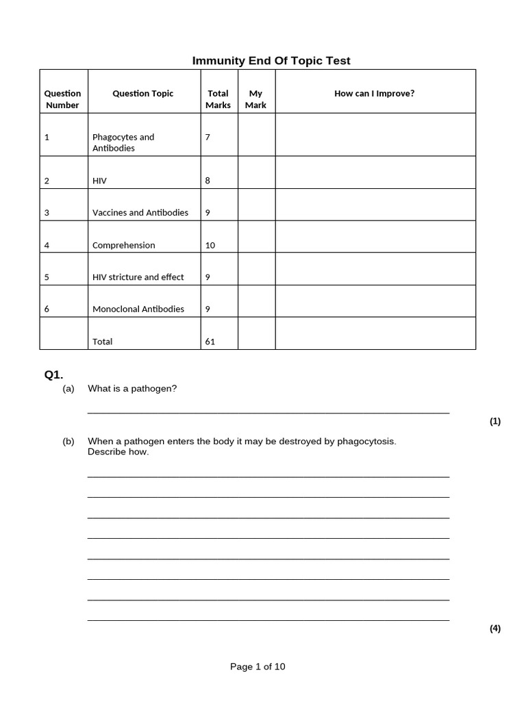 Immunity Topic Test Questions & Answers | PDF | Virus | Hiv