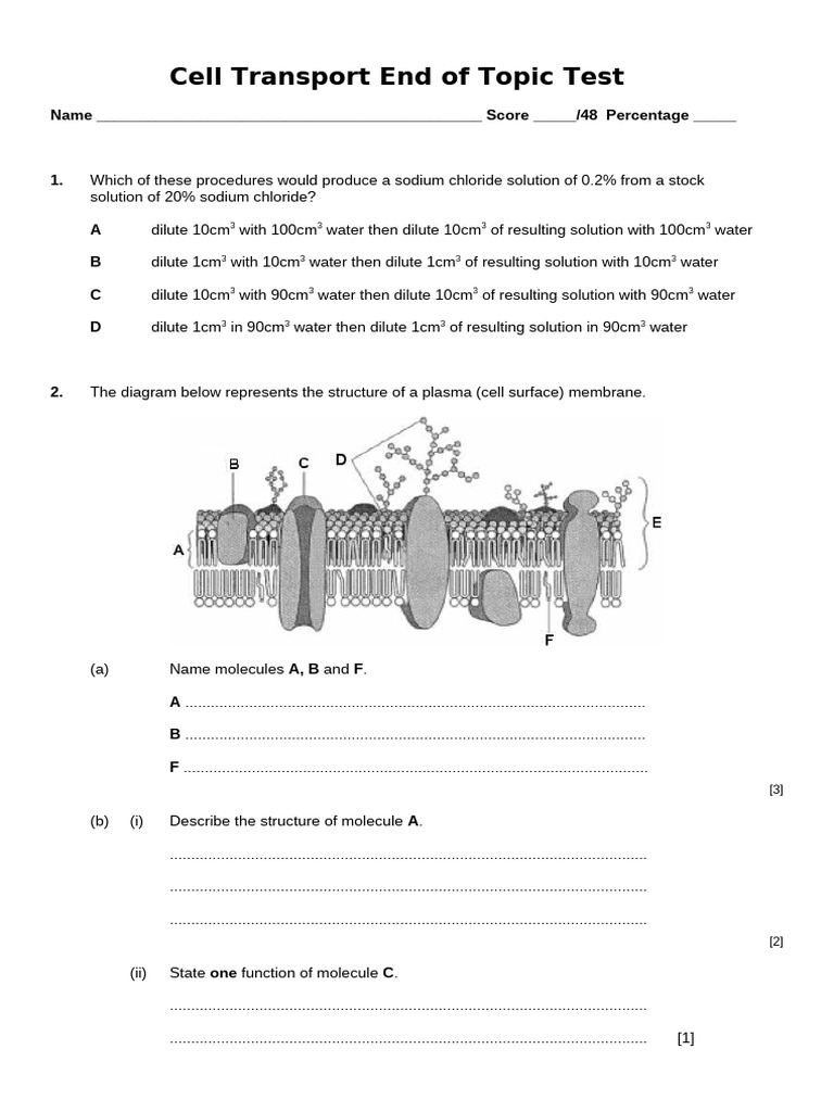 Cell Transport End of Topic Test | PDF | Sucrose | Cell Membrane
