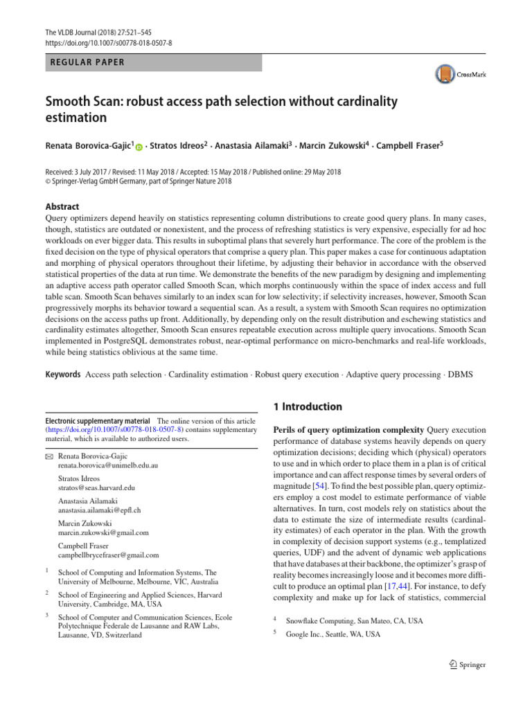 Smooth Scan - Robust Access Path Selection Without Cardinality Estimation | PDF | Databases ...