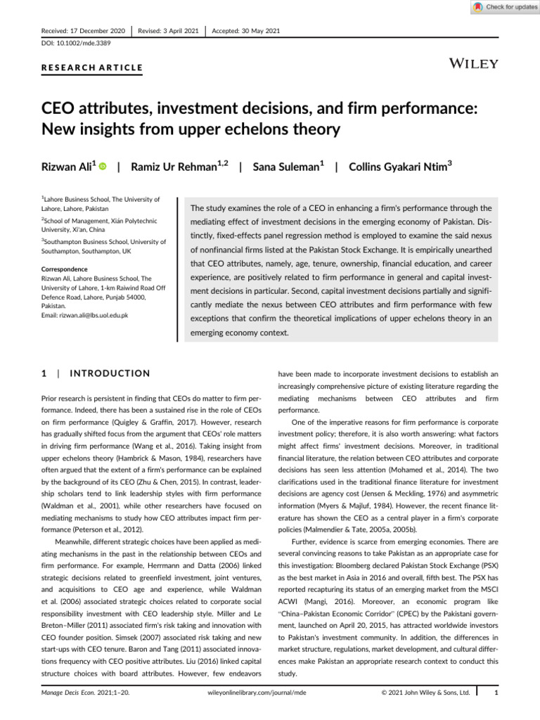 CEO Attributes, Investment (New Insights From Upper Echelons Theory ...